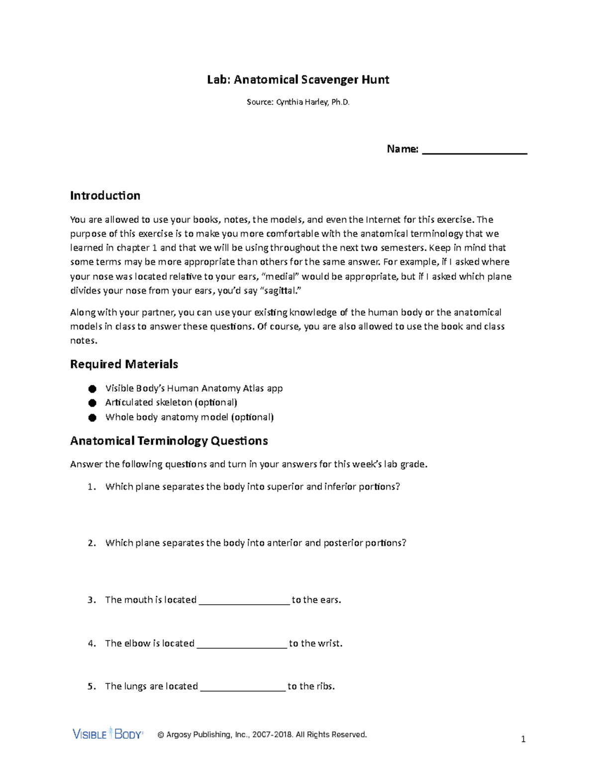 Ap worksheet anatomical scavenger hunt - Lab: Anatomical Scavenger Hunt ...
