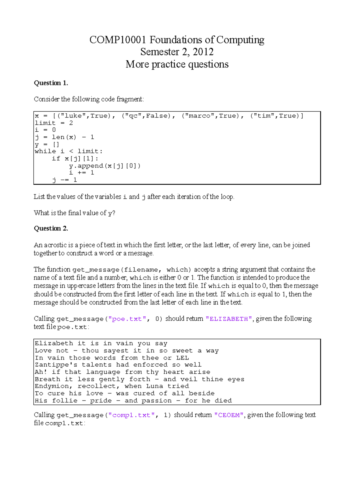 Exercises Practice Sem 2, 2012 Questions.pdf - COMP10001 Foundations of Computing Semester 2 ...