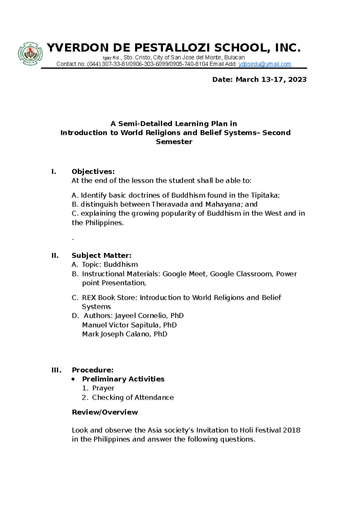 Iwrbs - none - YVERDON DE PESTALLOZI SCHOOL, INC. Igay Rd., Sto. Cristo ...