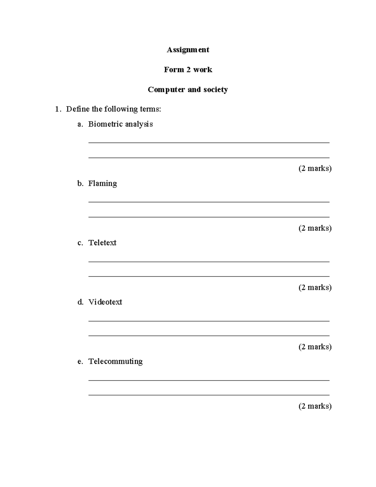 Assignment - assessment - Assignment Form 2 work Computer and society ...