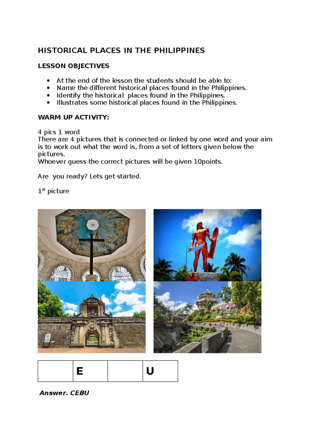 Lesson PLAN History - HISTORICAL PLACES IN THE PHILIPPINES LESSON ...
