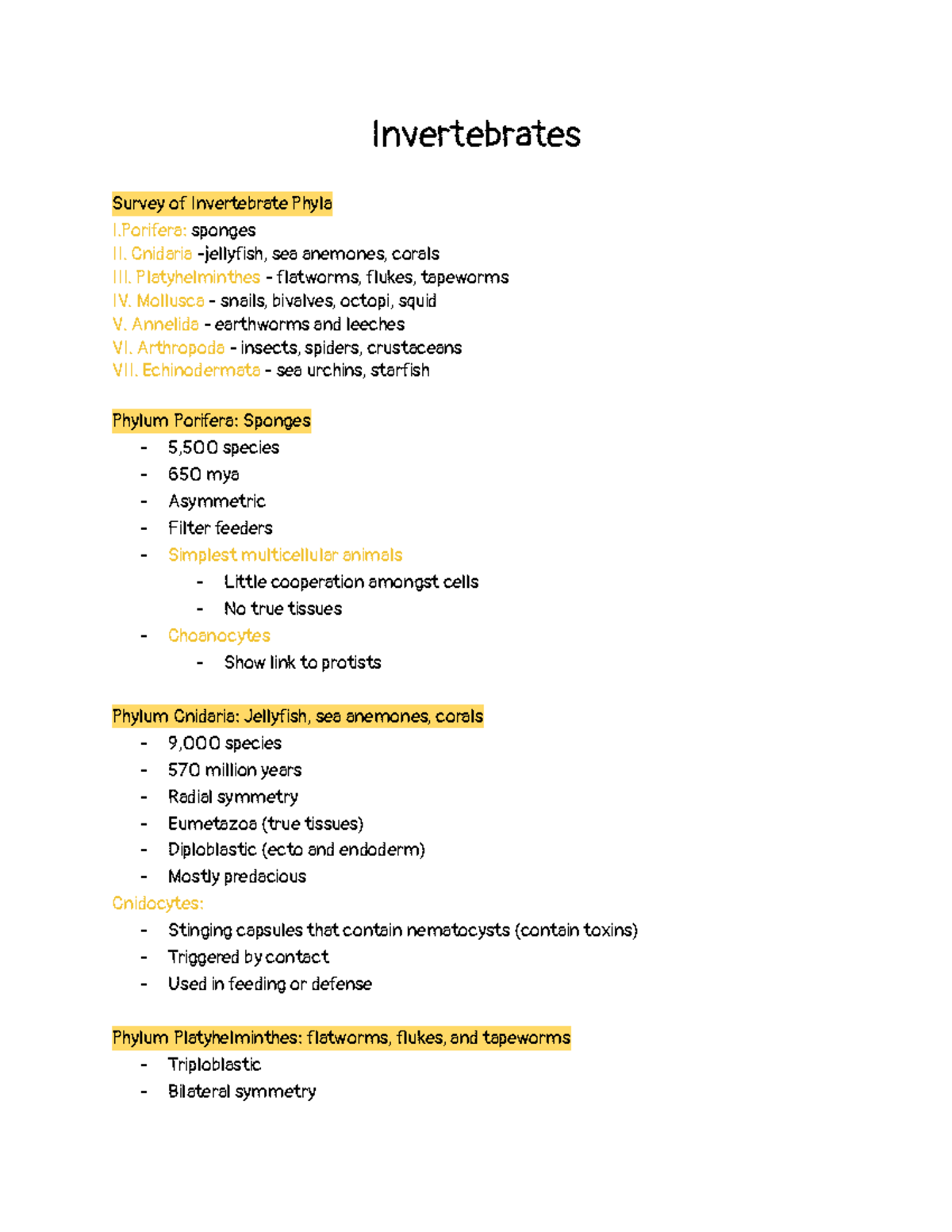 Invertebrates Lecture - Invertebrates Survey of Invertebrate Phyla I ...