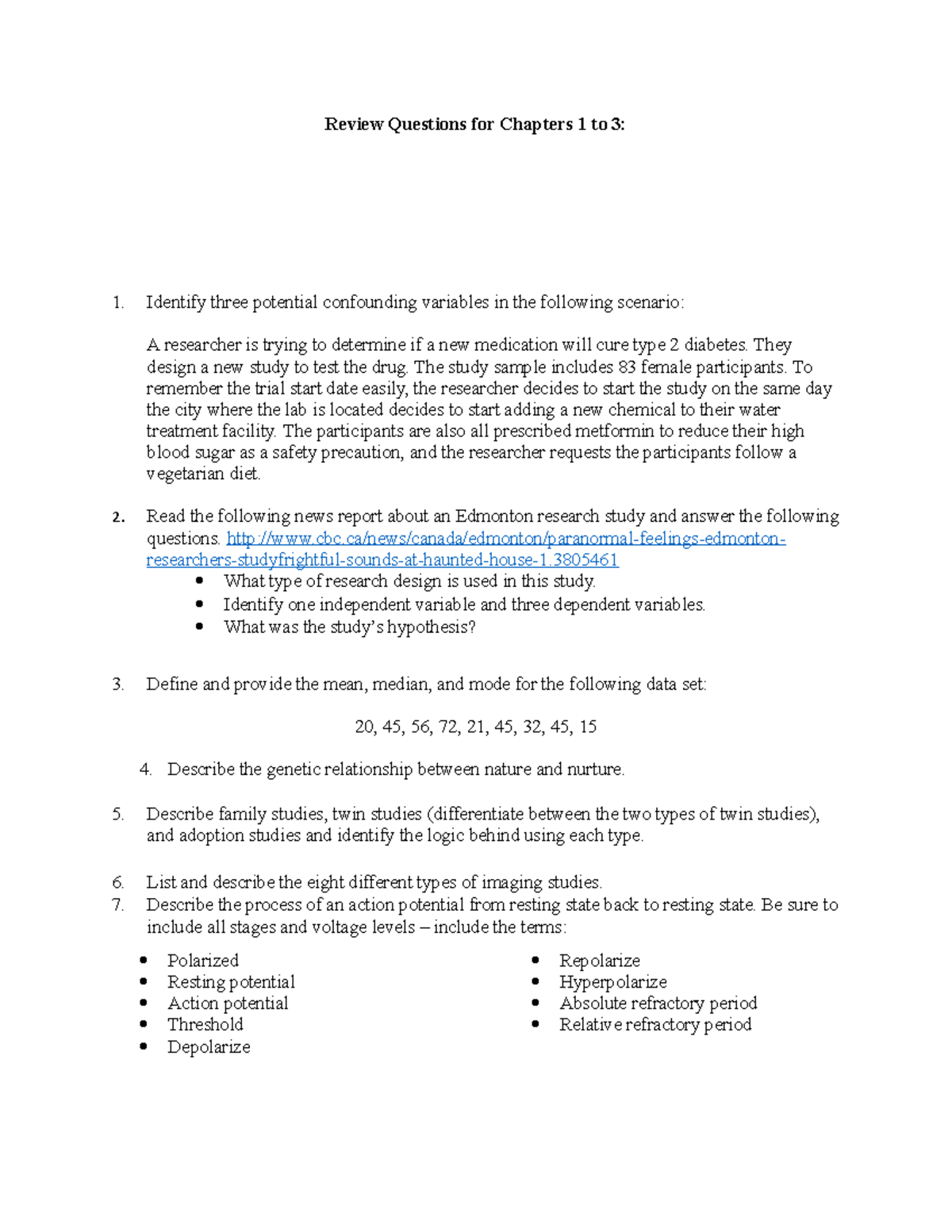 PSYC 104 Review Questions Chapters 1 to 3 - Review Questions for ...