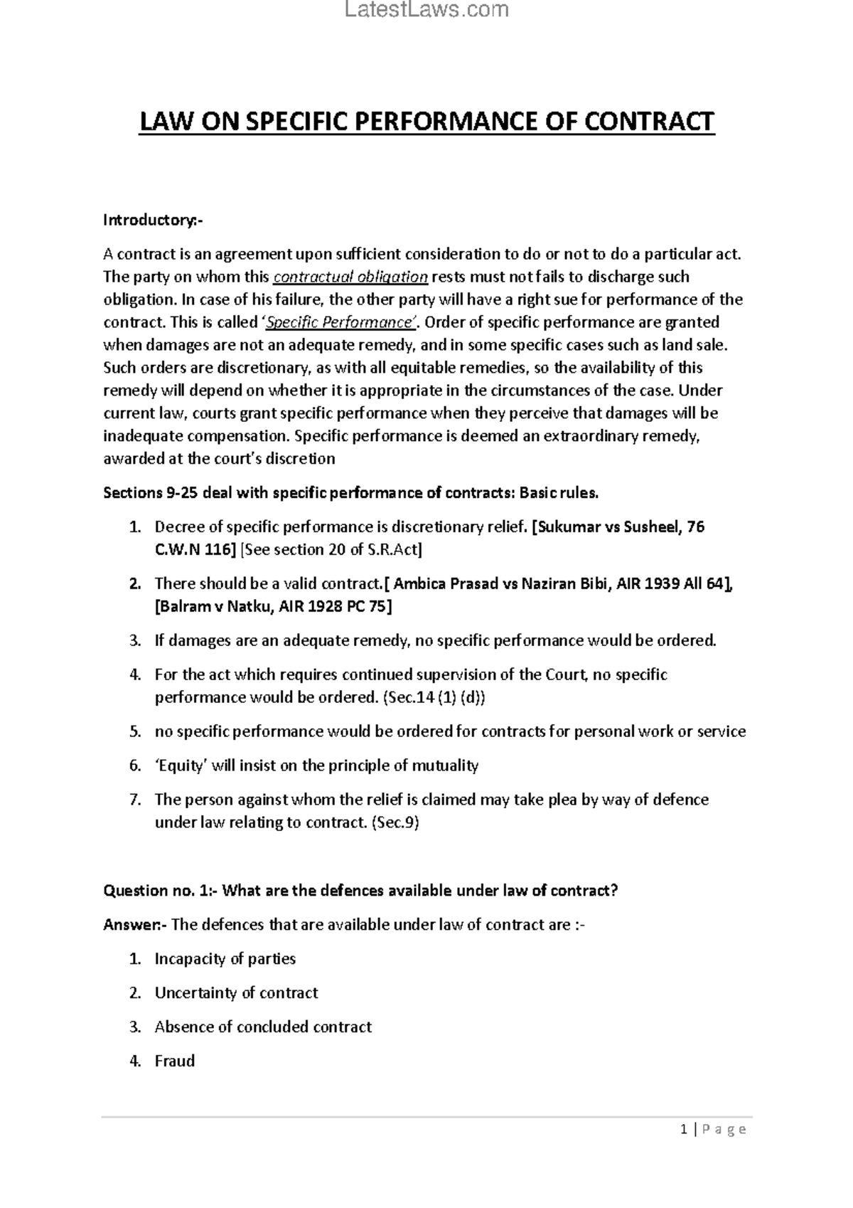 Specific Performance of Contracts FAQs - LAW ON SPECIFIC PERFORMANCE OF ...