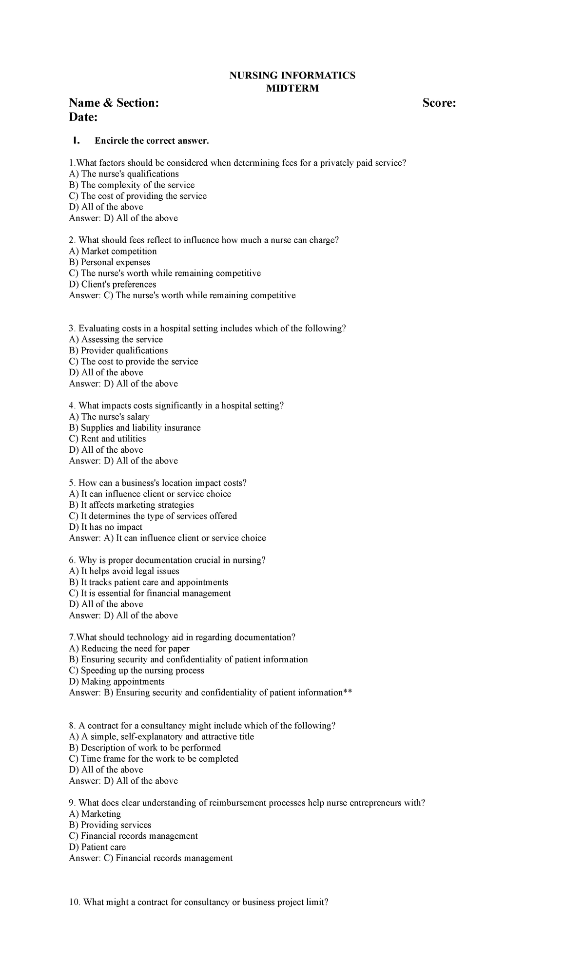 Nursing Entrepreneur Midterm - NURSING INFORMATICS MIDTERM Name ...