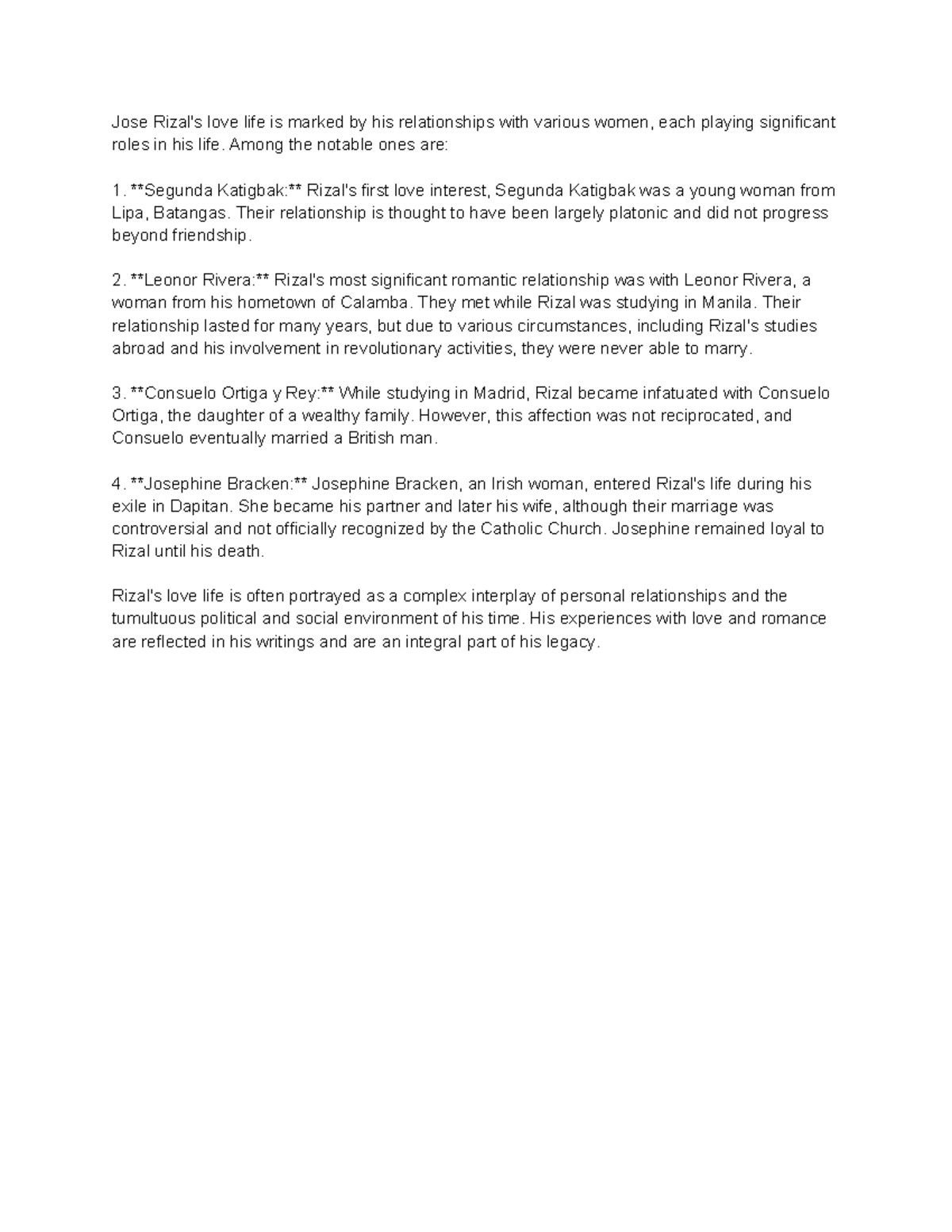 Jose Rizal's love life - Among the notable ones are: Segunda Katigbak ...