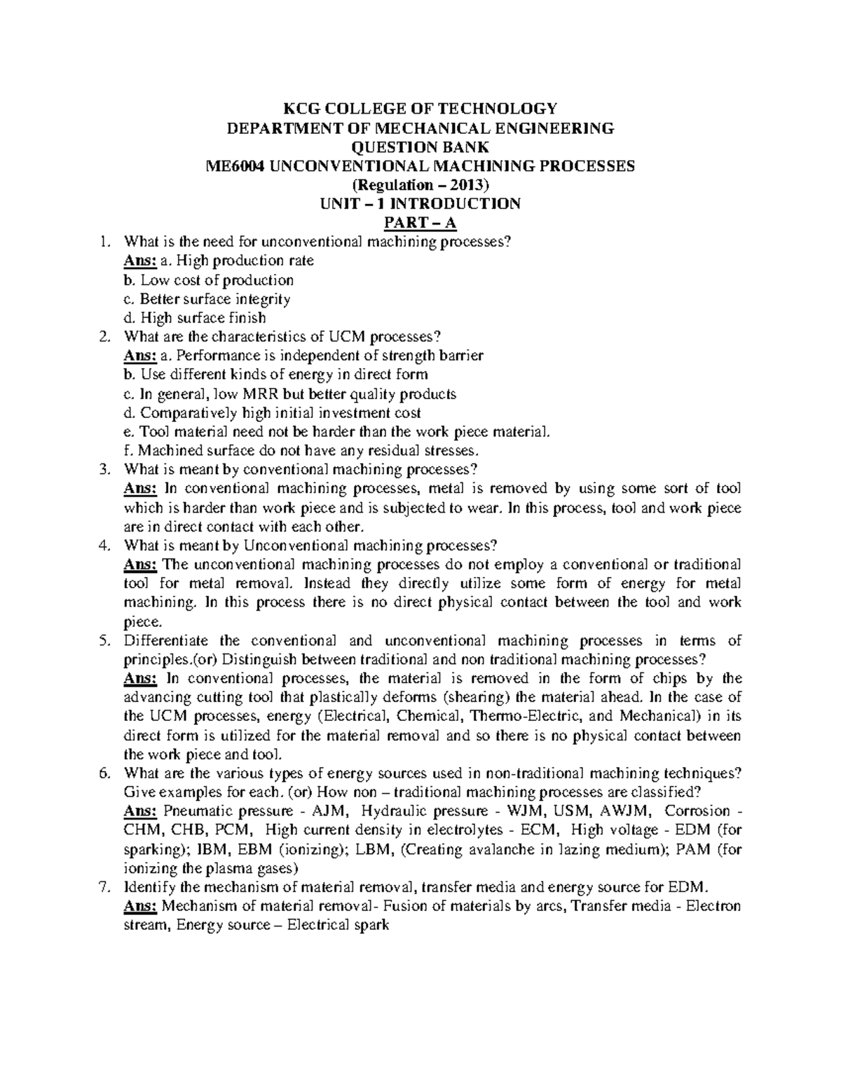 Advanced machining questions - KCG COLLEGE OF TECHNOLOGY DEPARTMENT OF ...