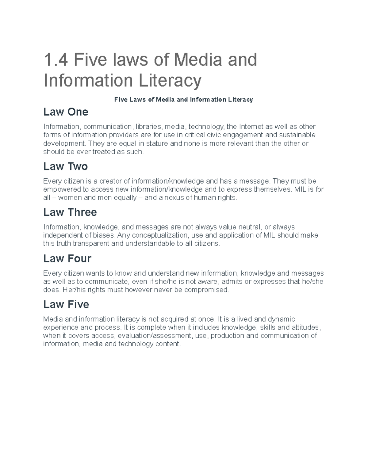 MIL M1-L4 - Notes - 1 Five laws of Media and Information Literacy Five ...