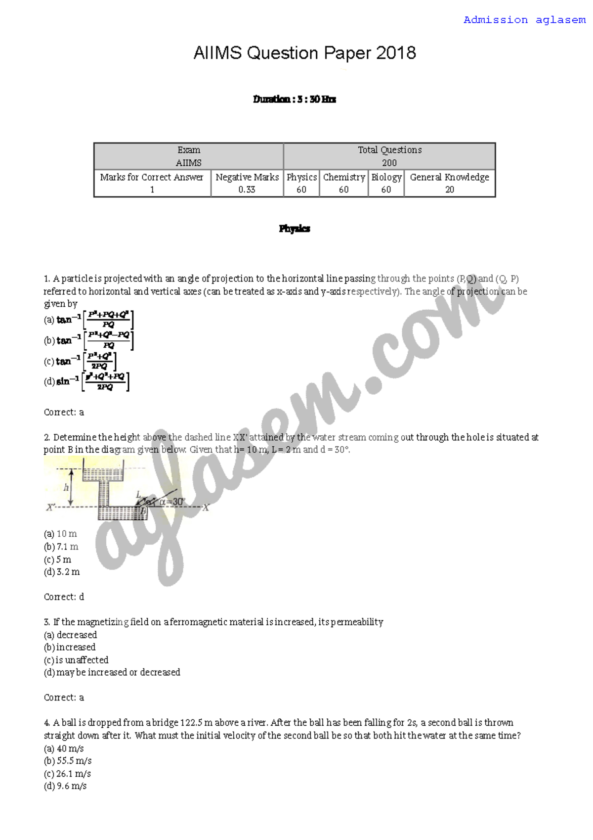 Exam 30 November, questions - Admission aglasem AIIMS Question Paper ...