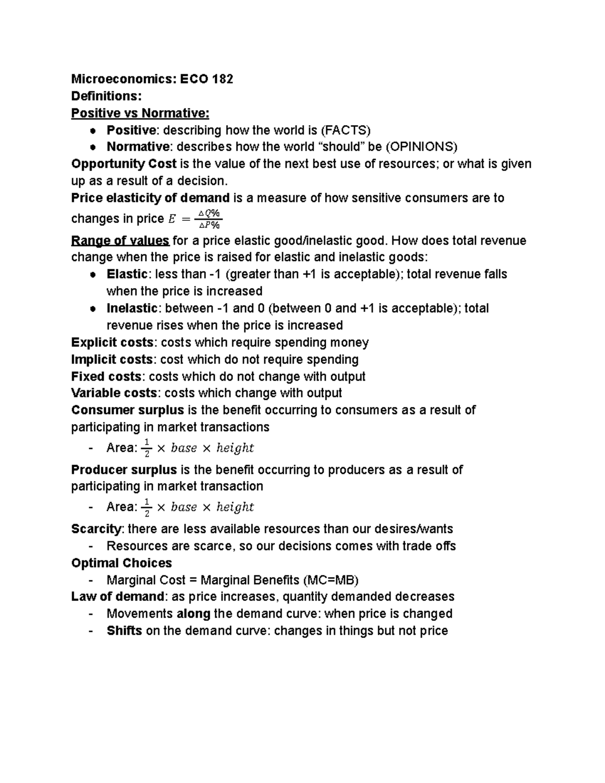 Unit 1 Notes: page 1 - Microeconomics: ECO 182 Definitions: Positive vs ...