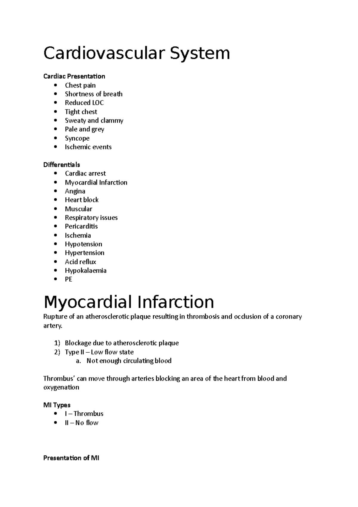 Cardiovascular System Notes - Cardiovascular System Cardiac ...