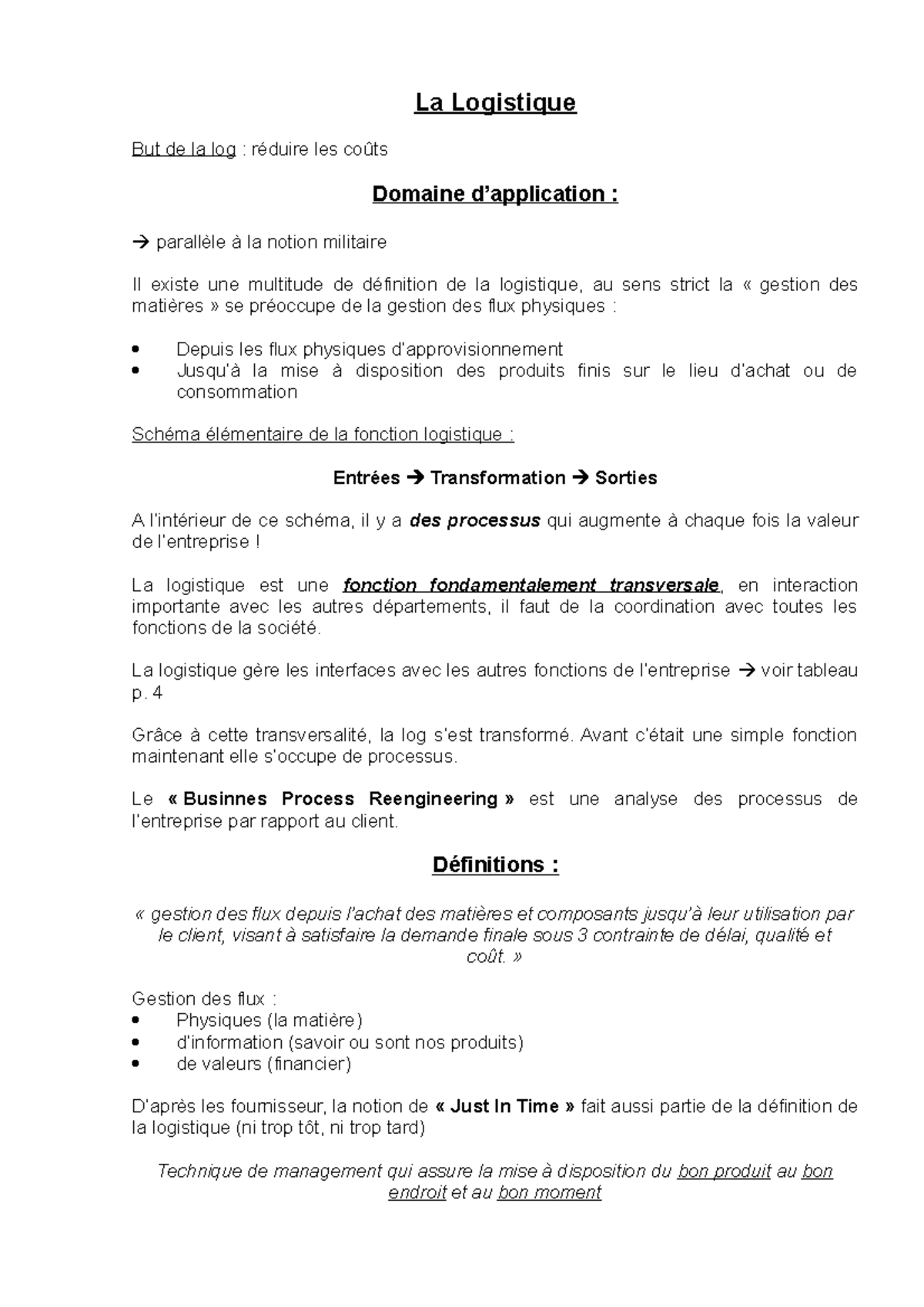 La Logistique - Résumé Supply Chain - La Logistique But de la log : les ...