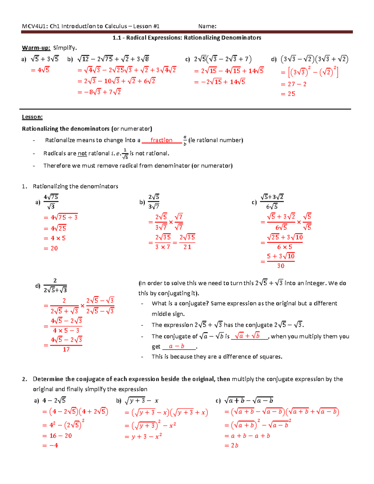 1 1 Radical Expressions Rationalizing Denominators Solution Mcv4u1