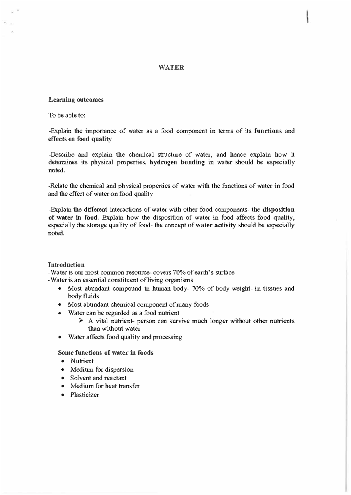 Water - Extra notes - WATER Learning outcomes To be able to: -Explain ...