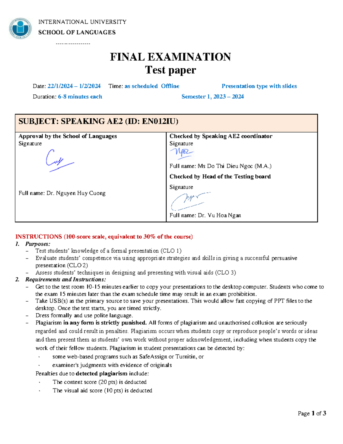 AE2 Speaking Final 2324S1 - Topic and Instructions - Signed - Page 1 of ...