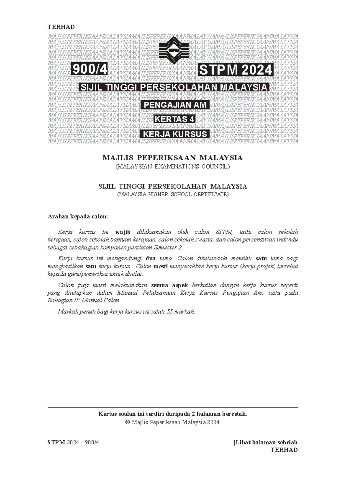 TEMA Kerja Kursus 9004 STPM 2024 - [Lihat halaman sebelah TERHAD STPM 2024 - 900/ TERHAD MAJLIS ...