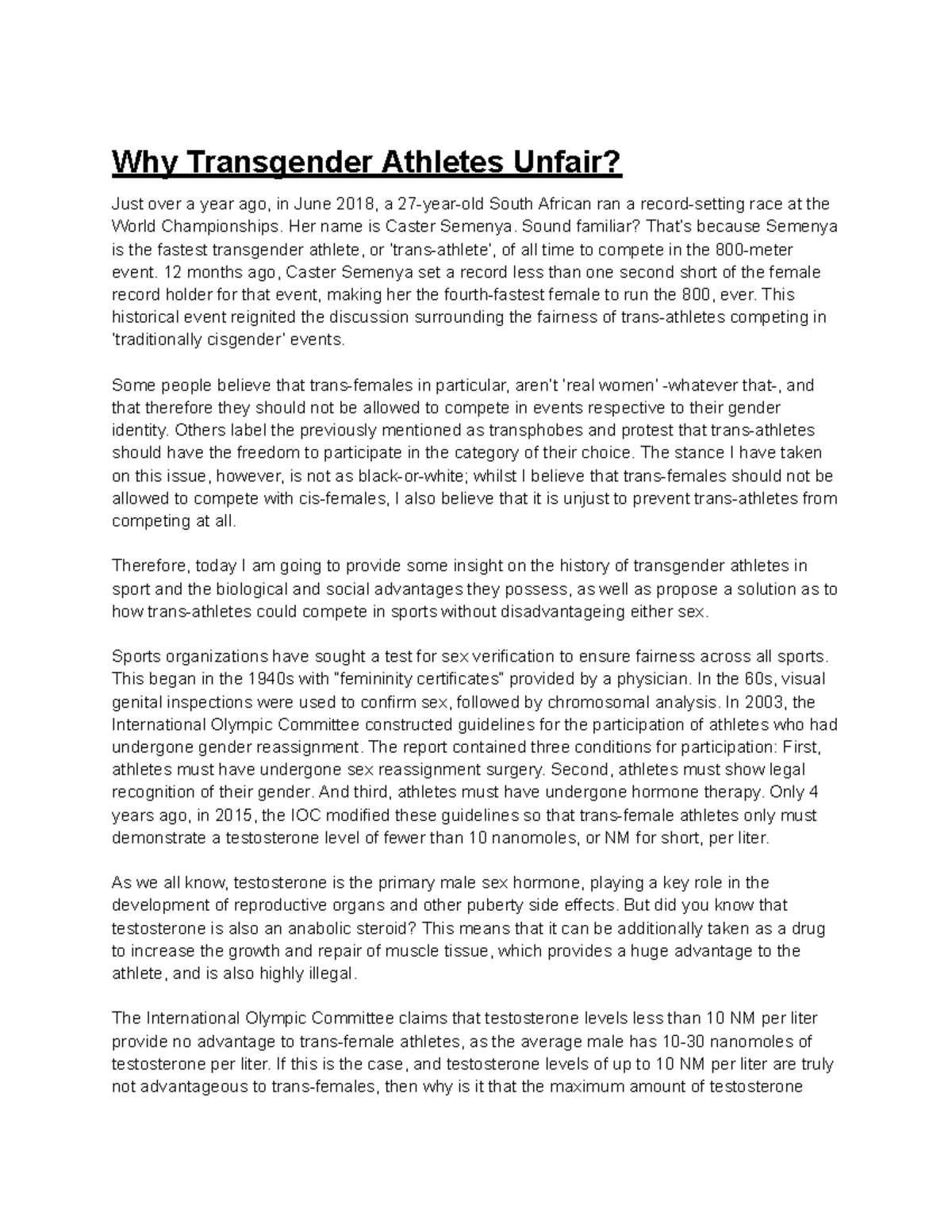 Should Transgender Athletes Compete in Sports Essay - Why Transgender ...