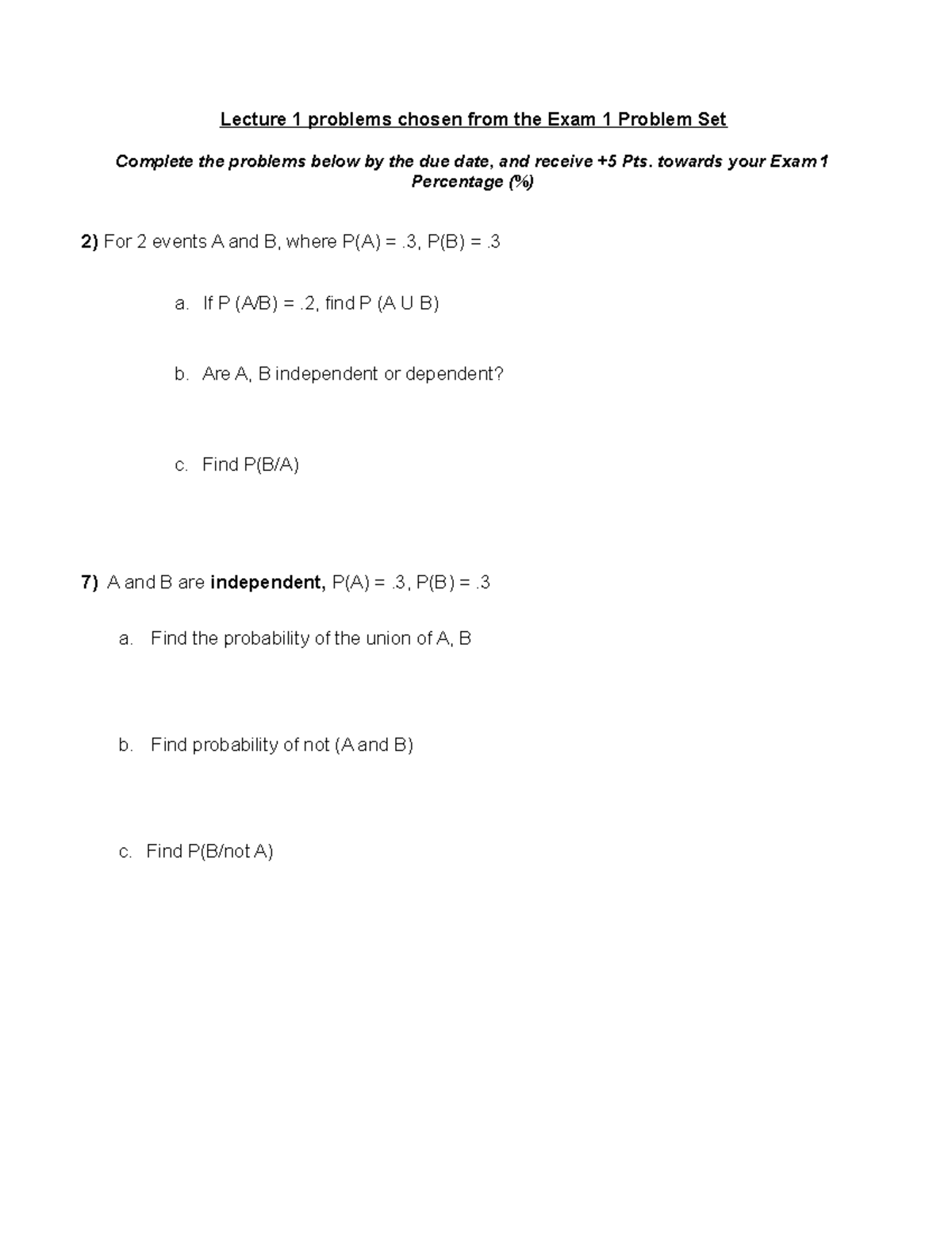 Lecture 1 problems chosen from the Exam 1 Problem set - Lecture 1 ...