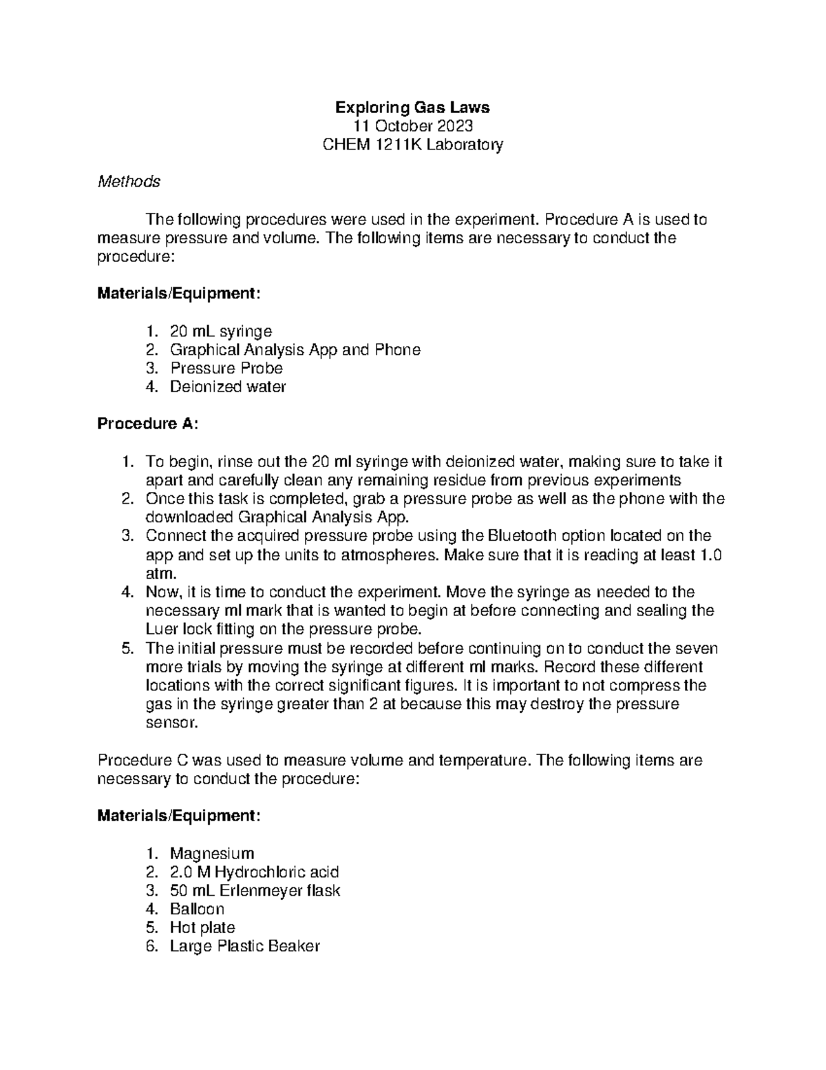 Gas+Laws+ADI+Report - Lab report - Exploring Gas Laws 11 October 2023 ...