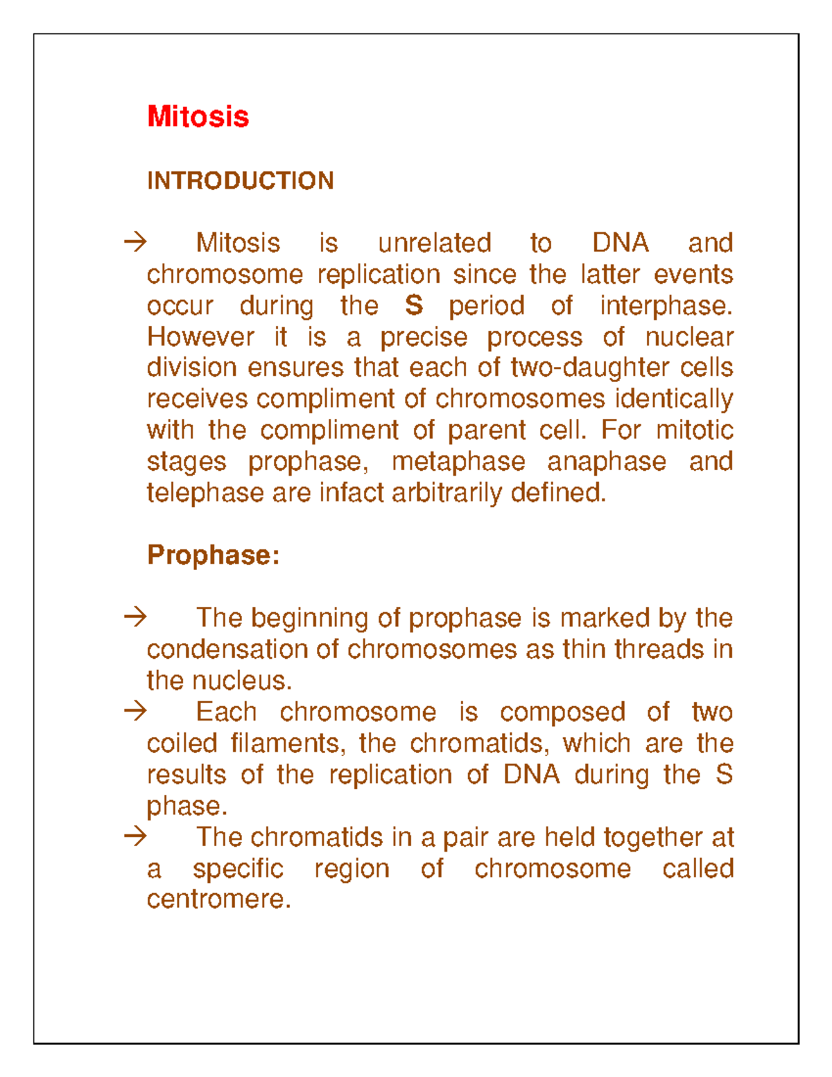 Short note on Mitosis - Lab Practical notes - Mitosis INTRODUCTION ...