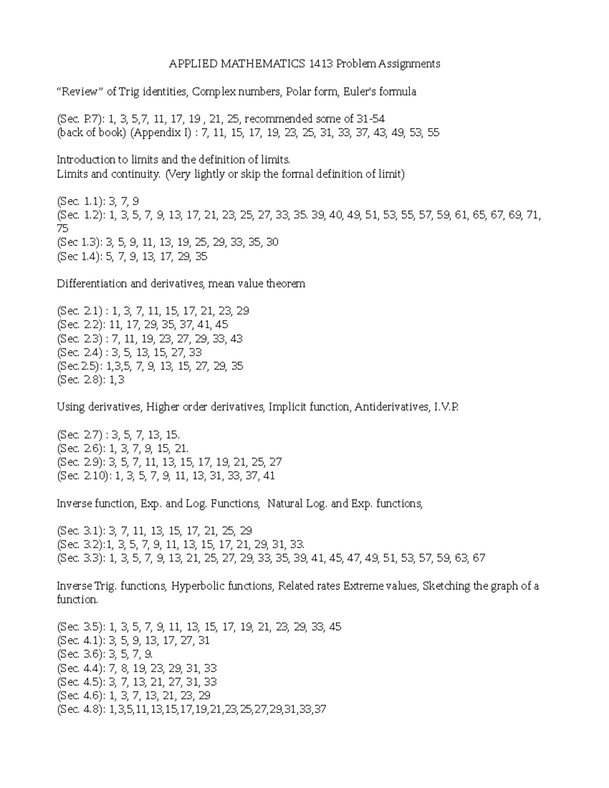 CALC Problem List APPLIED MATHEMATICS 1413 Problem Assignments
