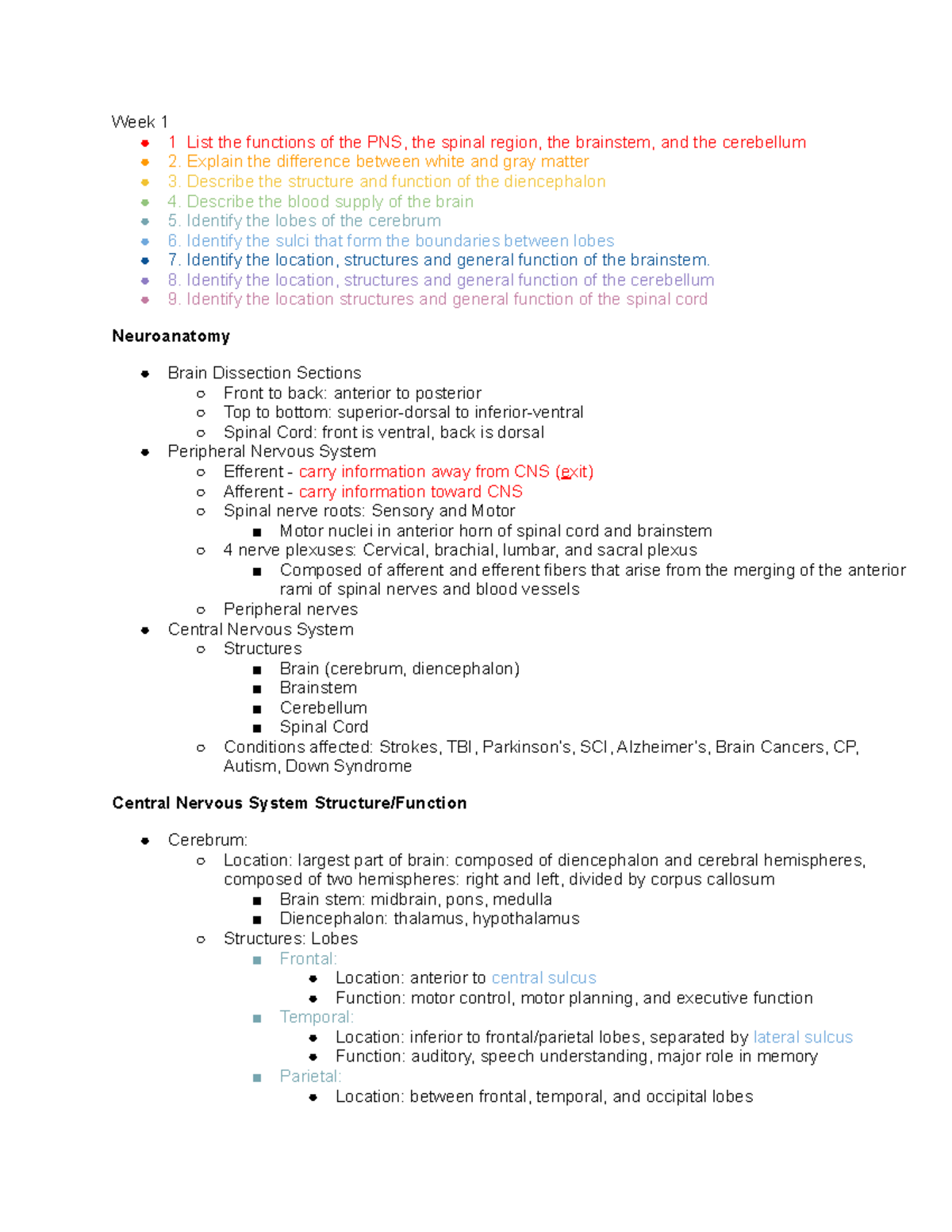 545 - Notes (Wk 1-5) - Dr Robertson - Week 1 1 List the functions of ...