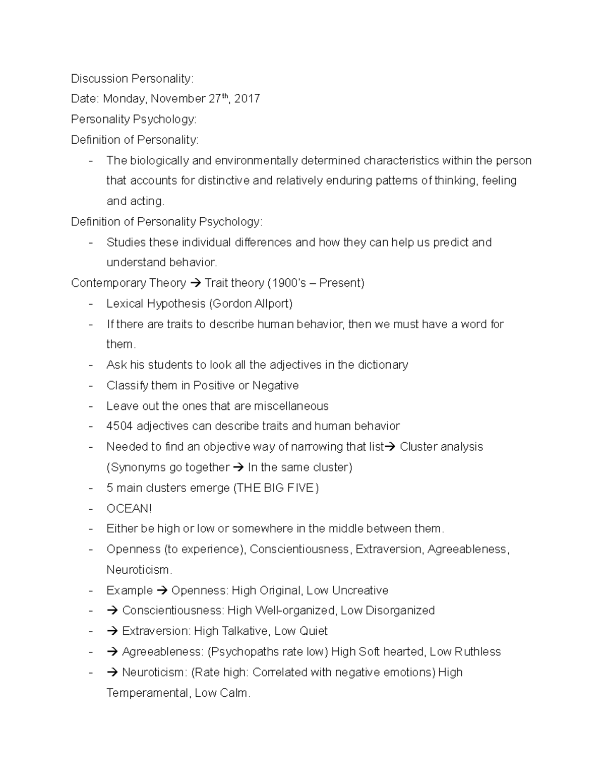 Discussion Personality - Discussion Personality: Date: Monday, November ...