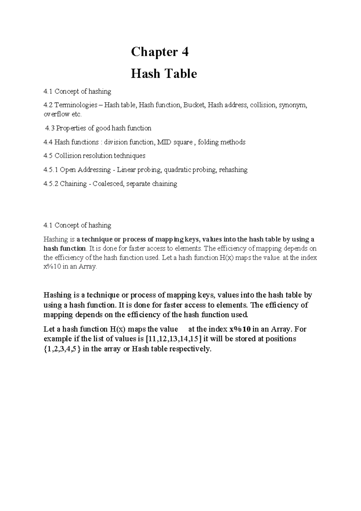 Chapter 4 Hash Table notes - Chapter 4 Hash Table 4 Concept of hashing ...