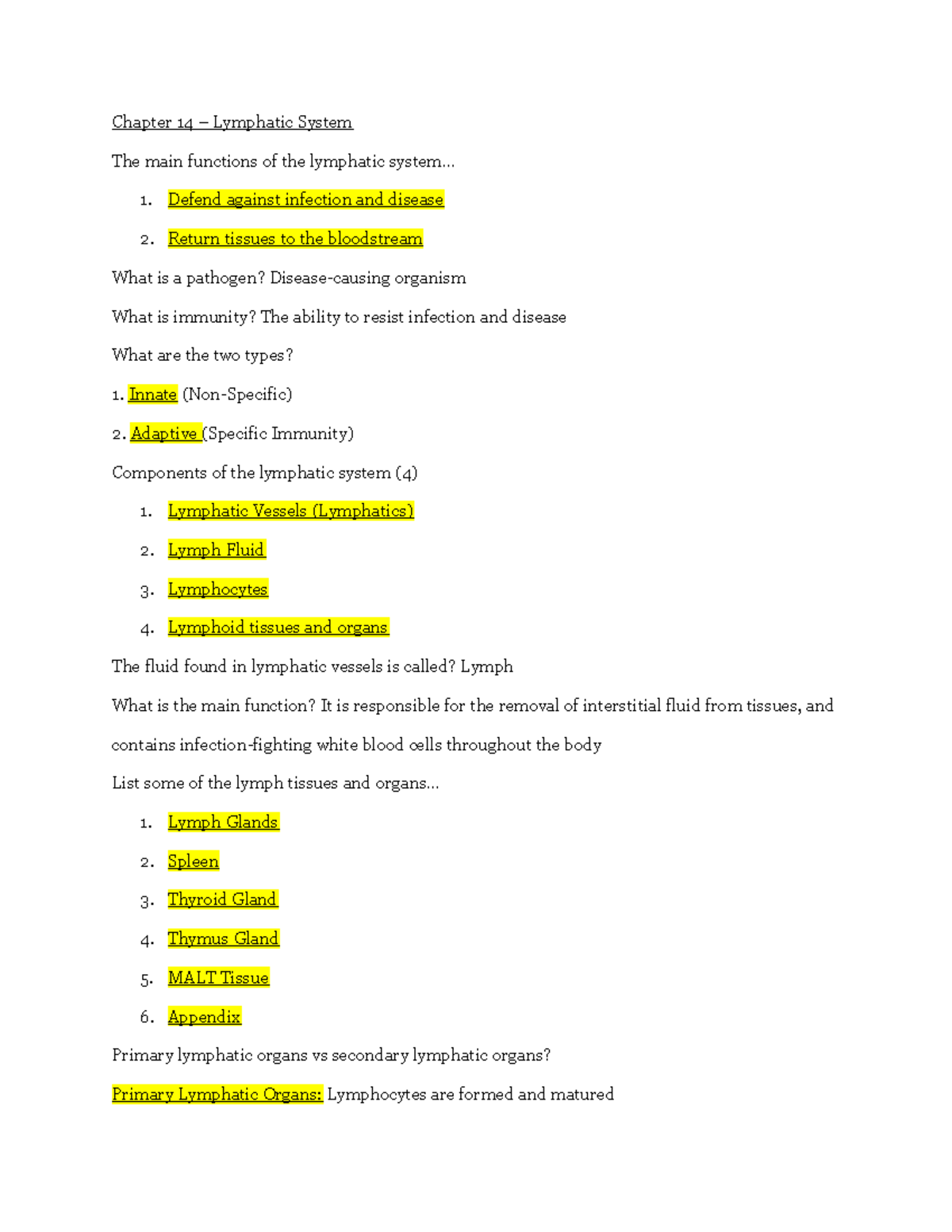 Human Biology Final Review - Chapter 14 – Lymphatic System The main ...
