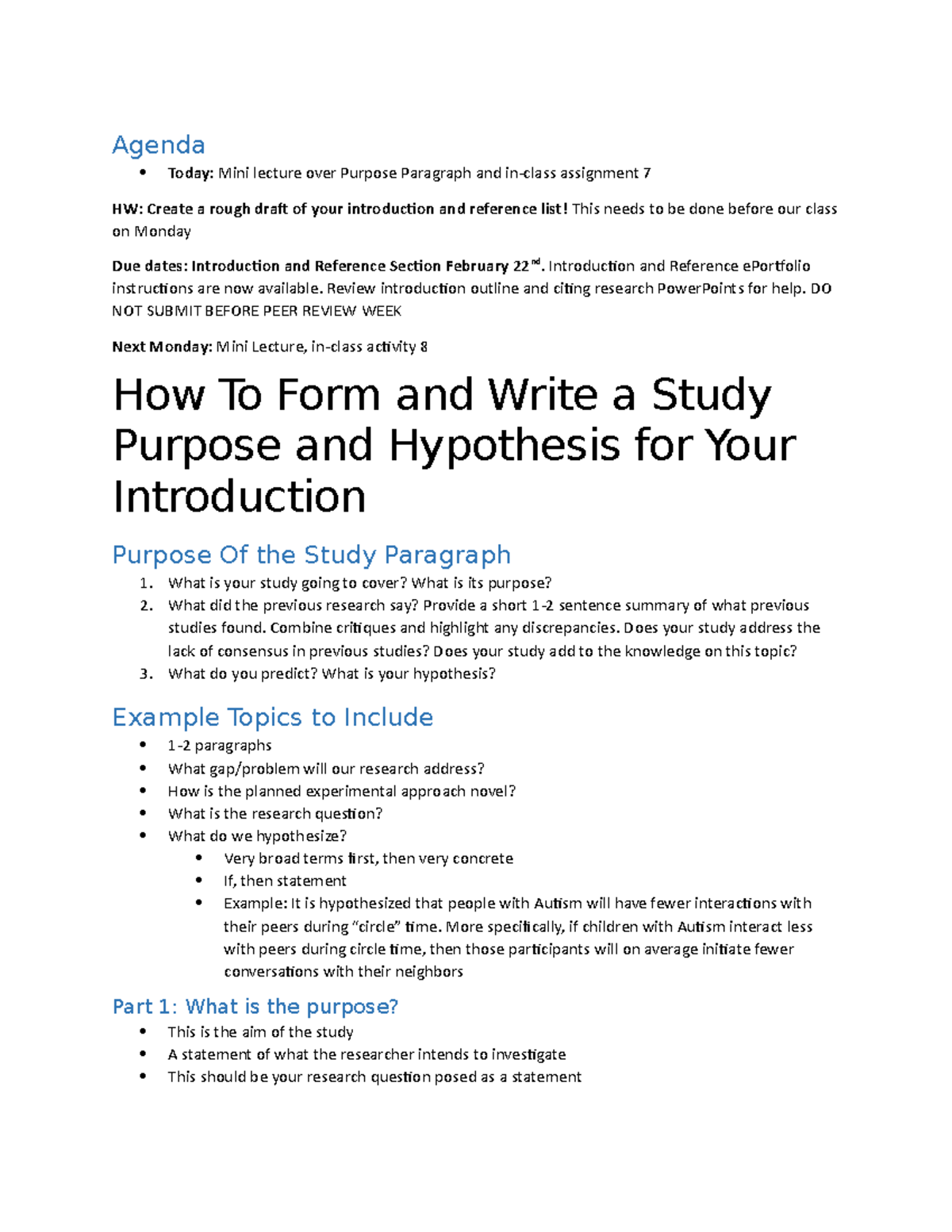 Purpose Paragraph of the Introduction - Agenda Today: Mini lecture over ...