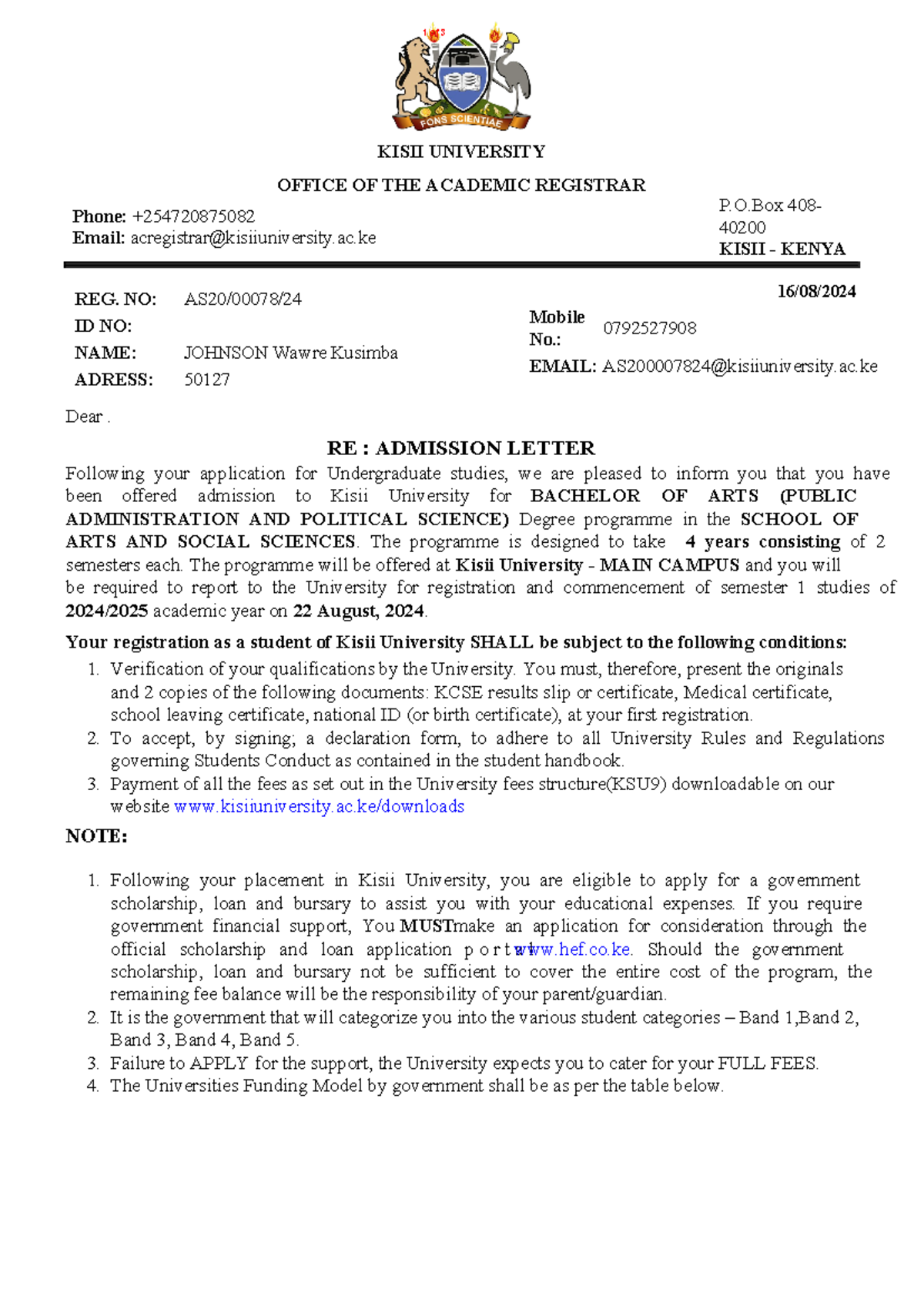 Admission letter - student in 1.1 - KISII UNIVERSITY OFFICE OF THE ...