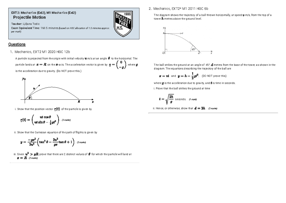 Projectile Motion SM - 1. Mechanics, EXT2 M1 2020 HSC 12b EXT 2 ...