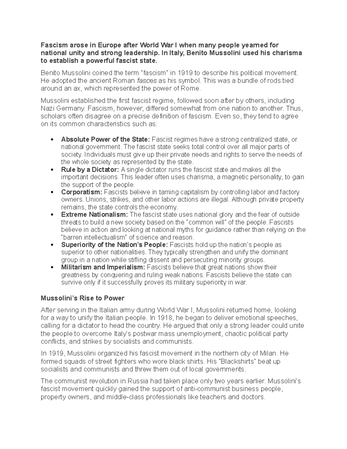 Fascism in italy - Fascism arose in Europe after World War I when many ...