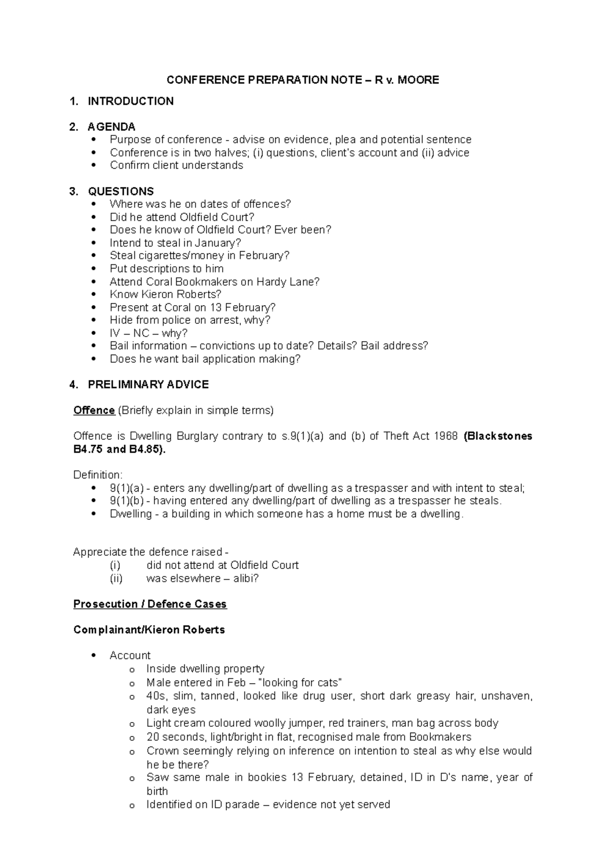 BTC W11 R v. Moore - Conference Preparation Note - CONFERENCE ...