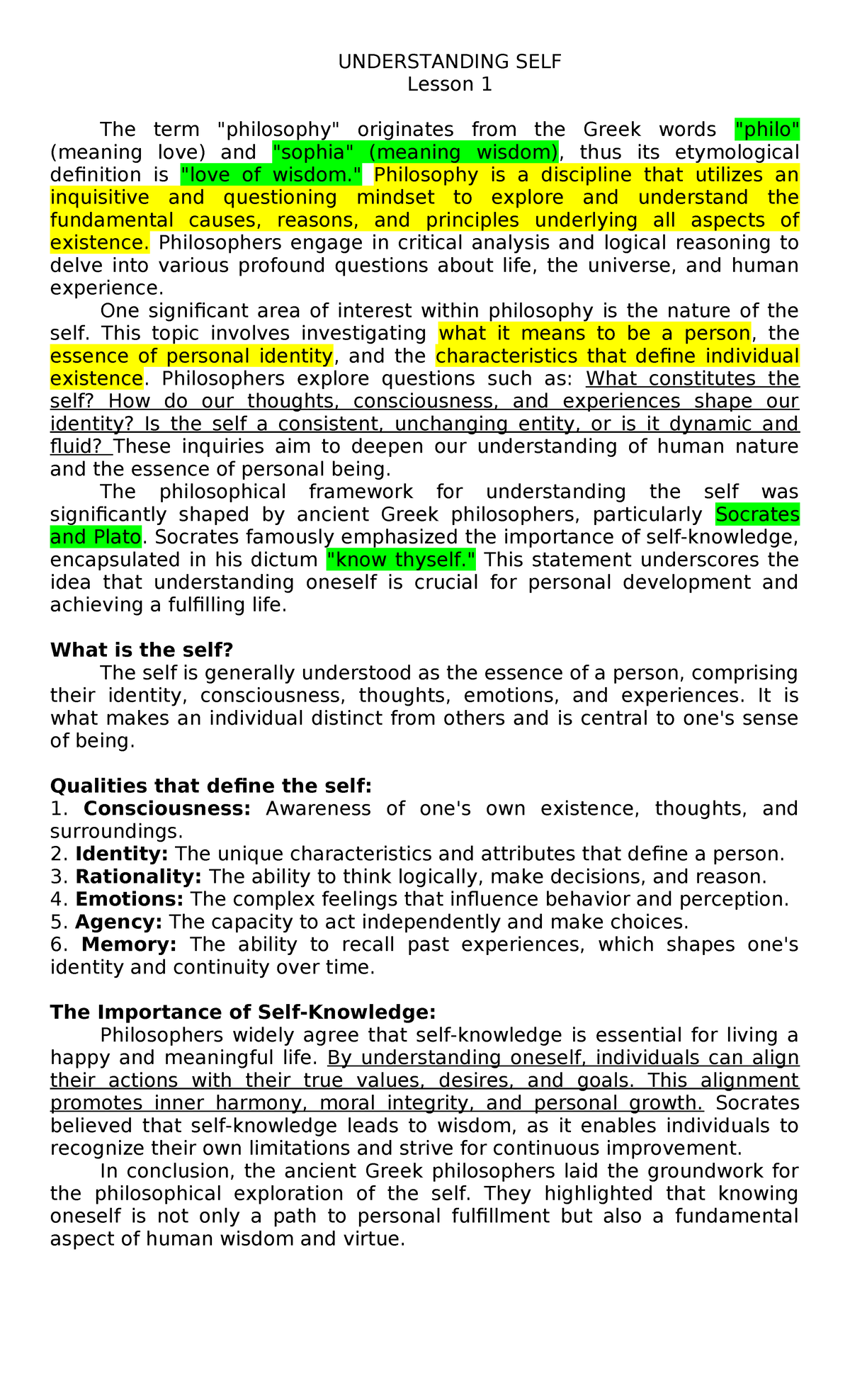 UTS - UNDERSTANDING SELF Lesson 1 The term "philosophy" originates from ...