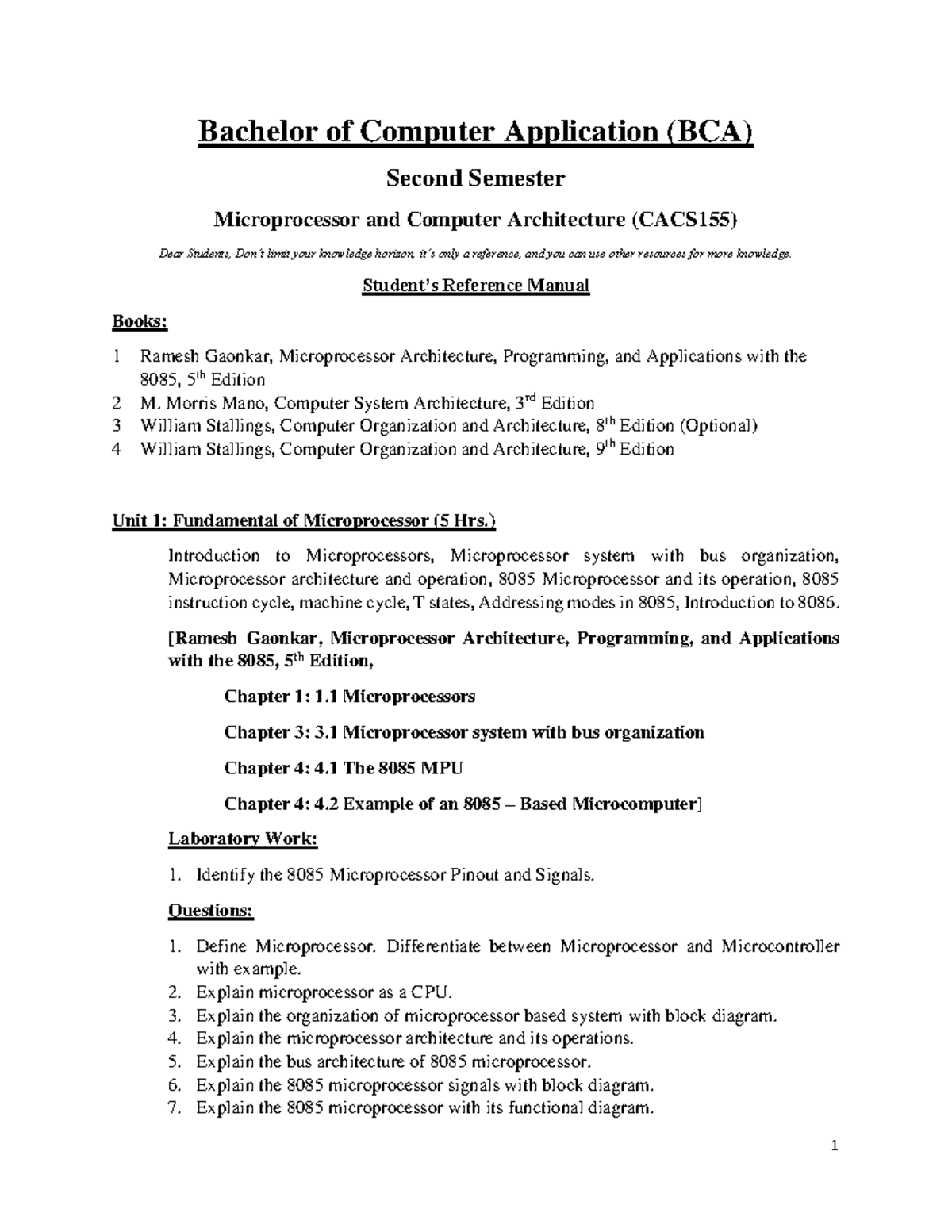 Microprocessor-Computer-Architecture CACS 155 - Bachelor of Computer ...