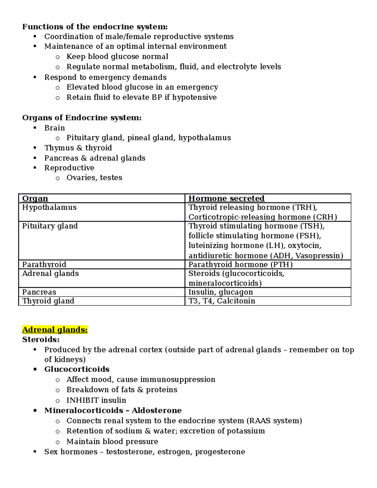 Endocrine Notes - Functions of the endocrine system: Coordination of ...