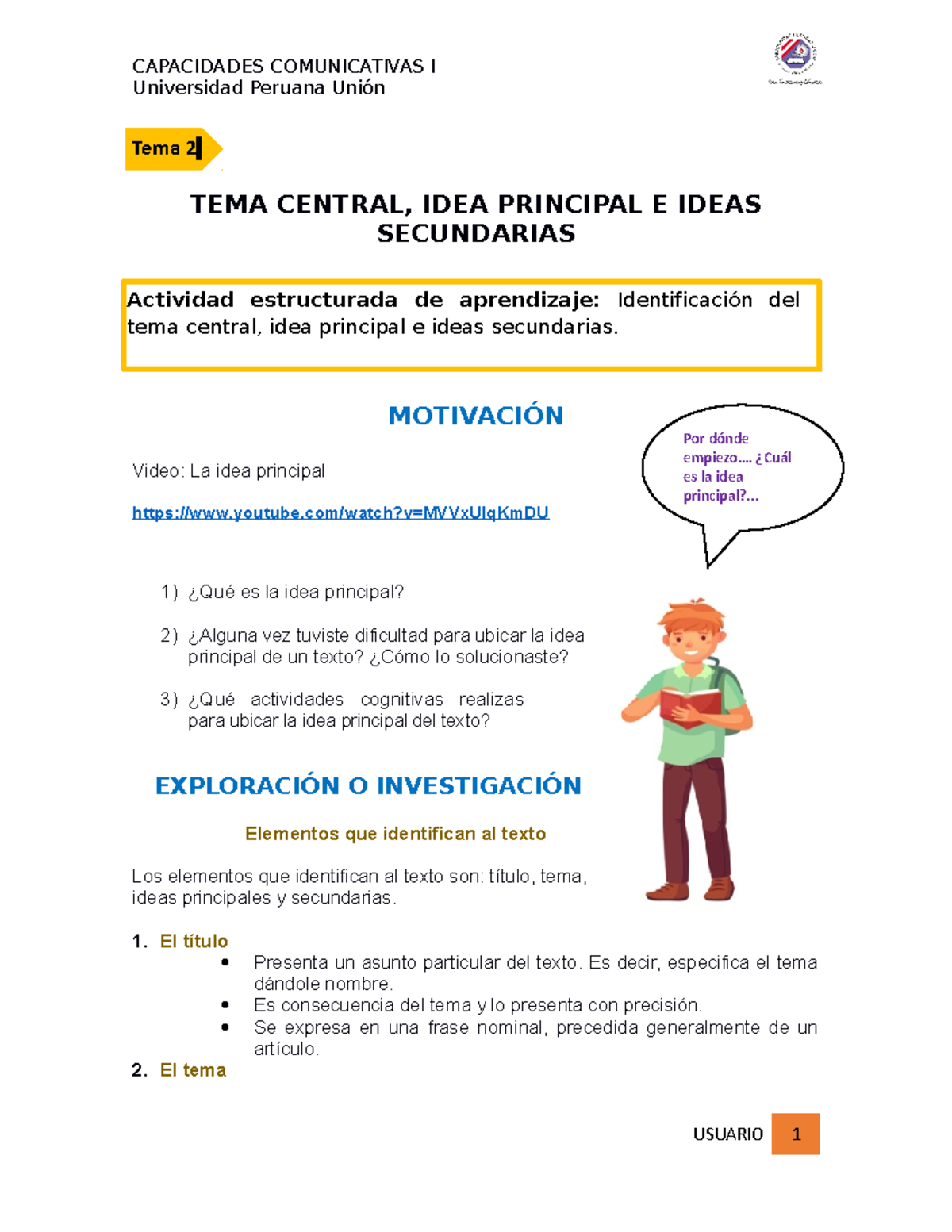 Tema 2 - Tema central, idea principal y secundarias - Universidad ...