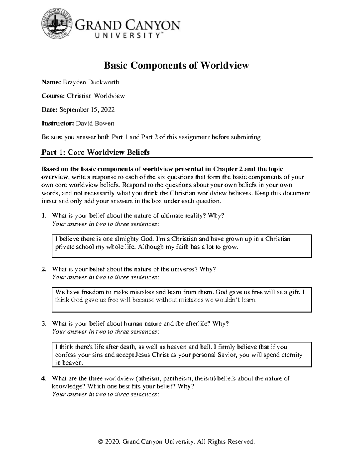 Christian worldview essay - © 2020. Grand Canyon University. All Rights ...