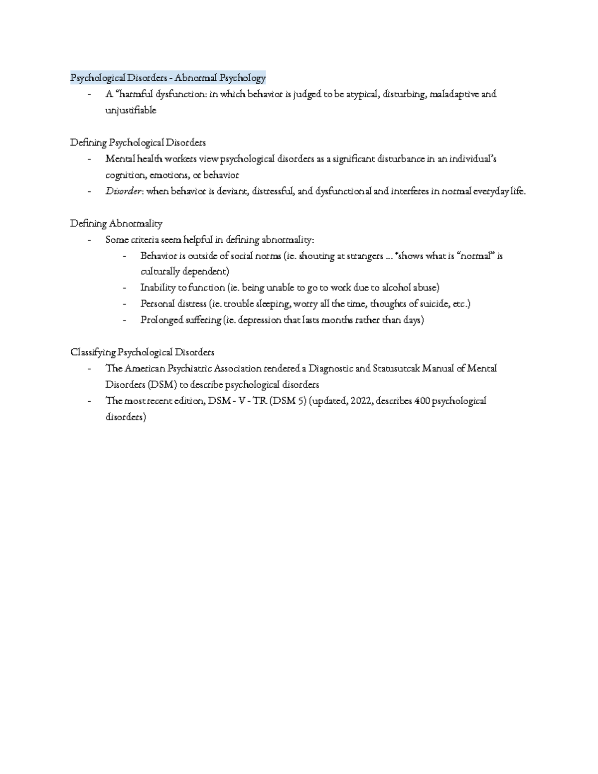 Psychological Disorders Notes - Psychological Disorders - Abnormal ...