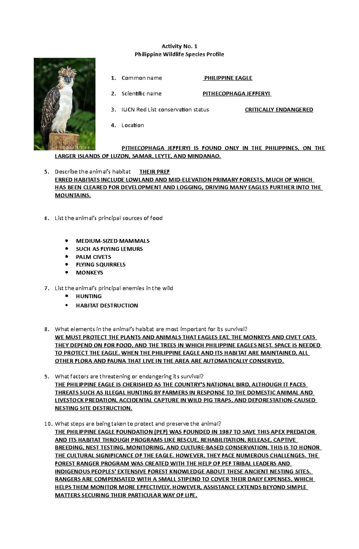 Philippine Wildlife Species Profile Activity - Activity No. 1 ...