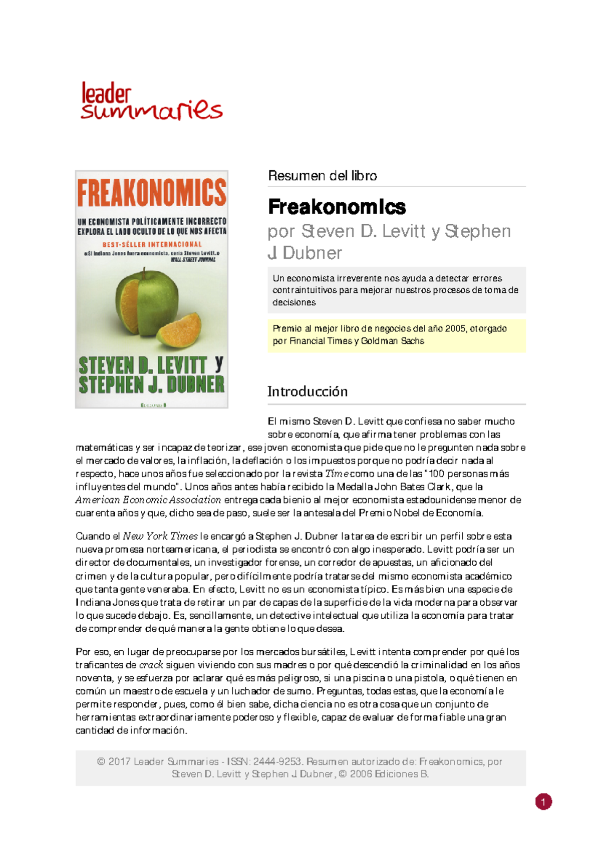 Lectura 1 - FREAKONOMICS - © 2017 Leader Sum m aries - ISSN: 2444-9253 ...