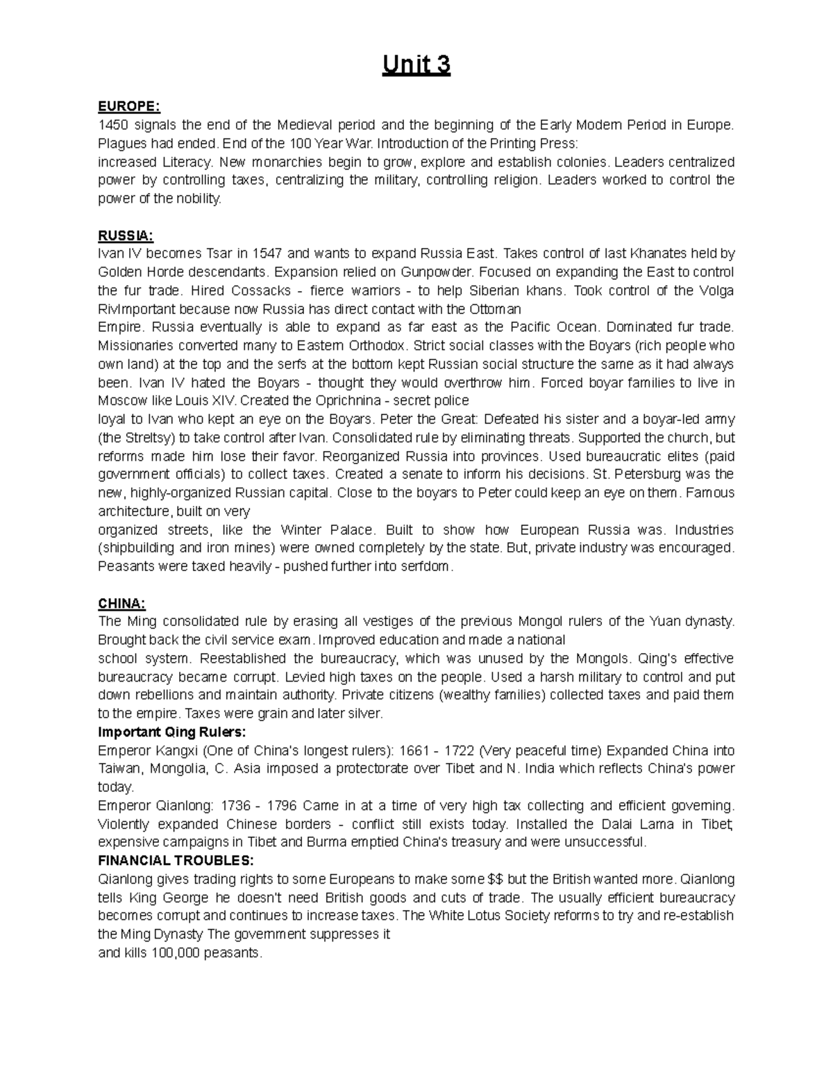 AP World History - Unit 3 - Unit 3 EUROPE: 1450 signals the end of the ...