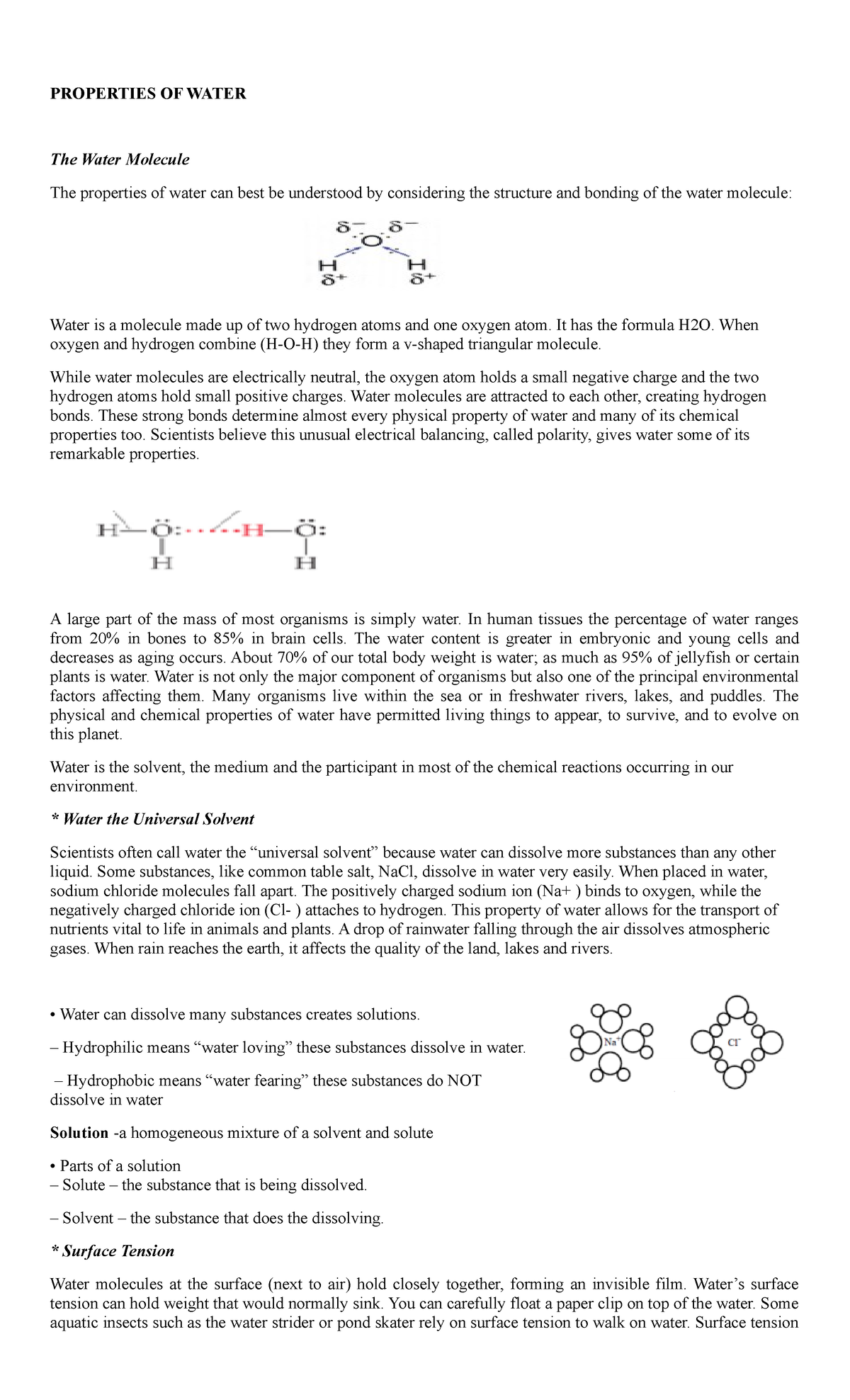 14. Water - Notes in chemistry - PROPERTIES OF WATER The Water Molecule ...