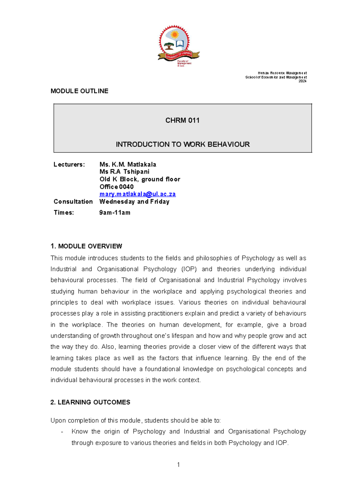 2024 CHRM 011 Module Outline-2(1) - School of Economics and Management ...