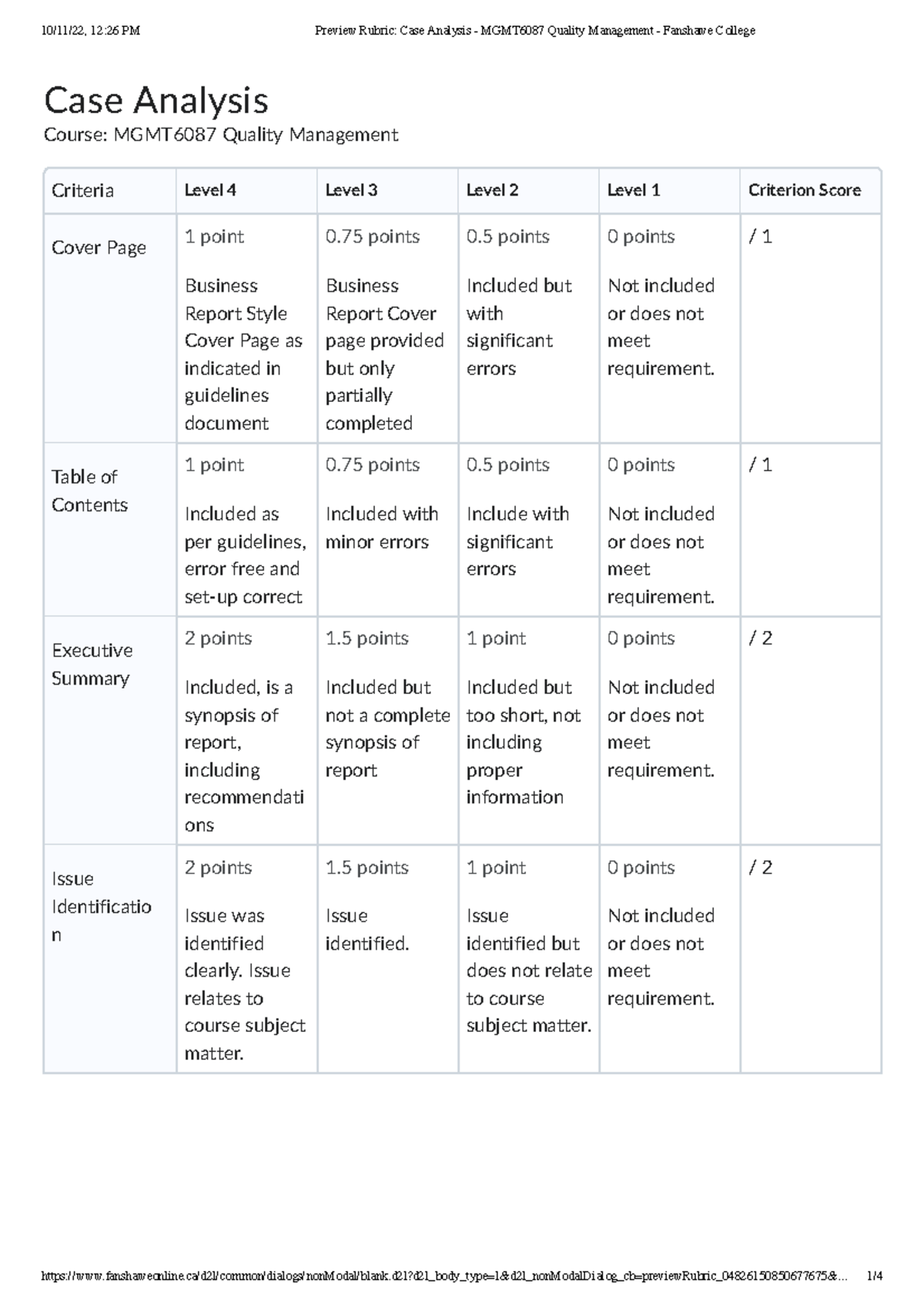 Rubric 2022 Case Analysis 1 - MGMT6087 Quality Management - Case ...