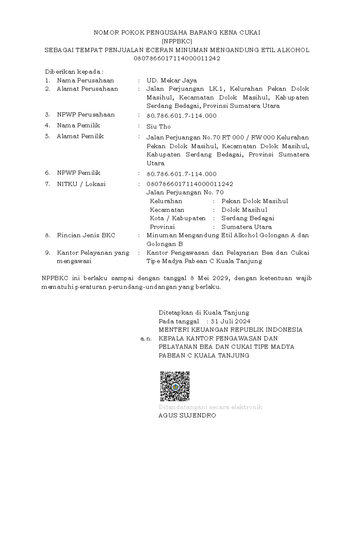 Piagam Nppbkc UD Mekar Jaya 0807866017114000011242 - NOMOR POKOK ...