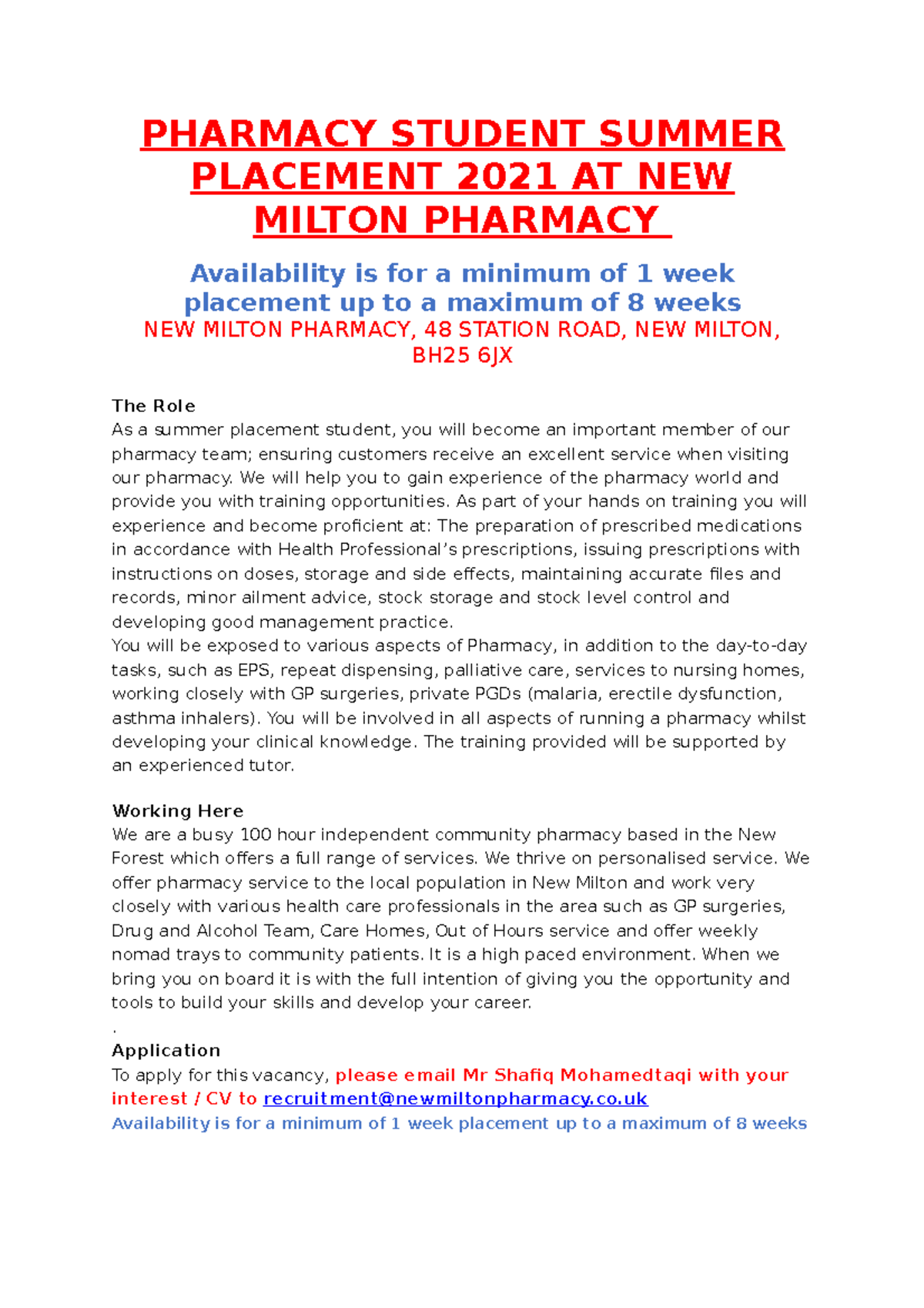 Pharmacy Student Summer Placement 2021 AT NEW Milton Pharmacy ...
