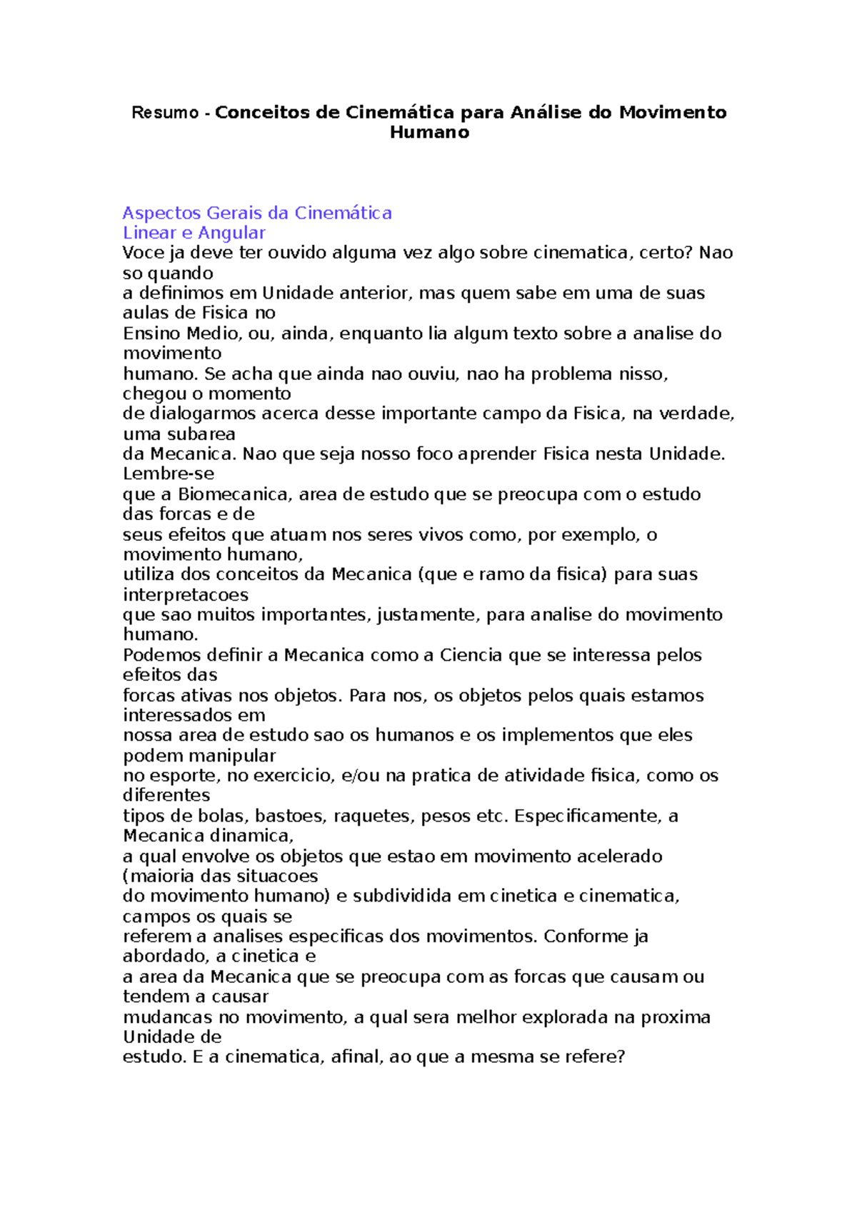 Resumo - Conceitos de Cinemática para Análise do Movimento Humano ...