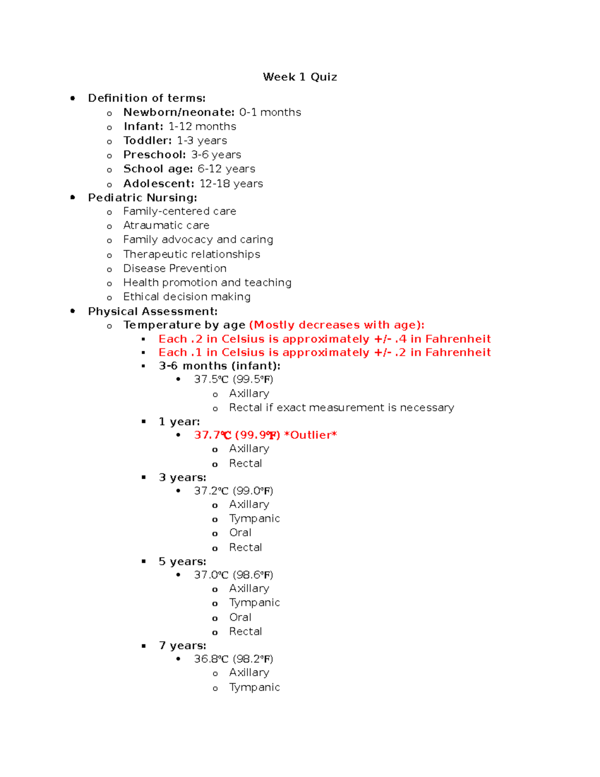 Week 1 Quiz - Week 1 of PEDS notes - Week 1 Quiz Definition of terms: o ...
